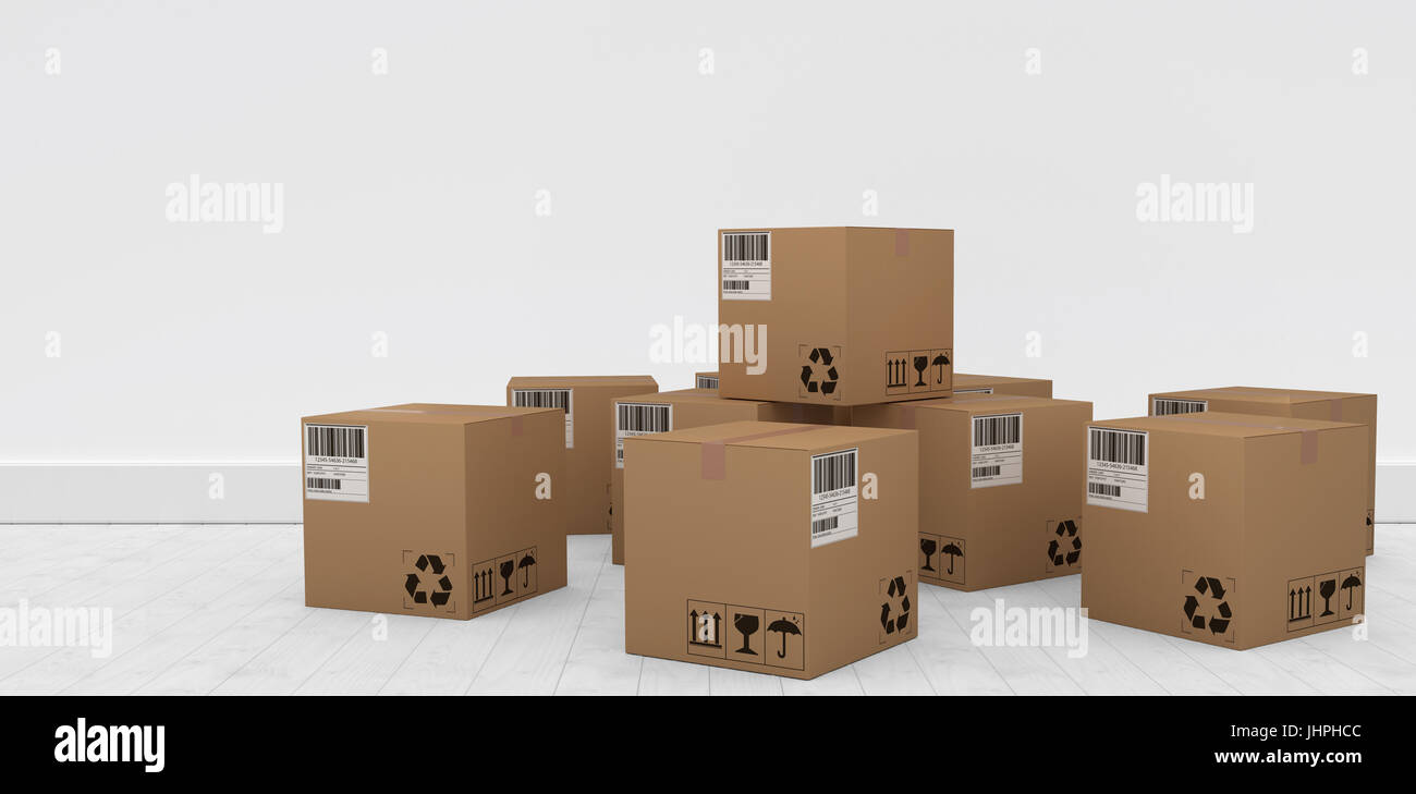 Group of graphic cardboard boxes against gray flooring and wall Stock ...