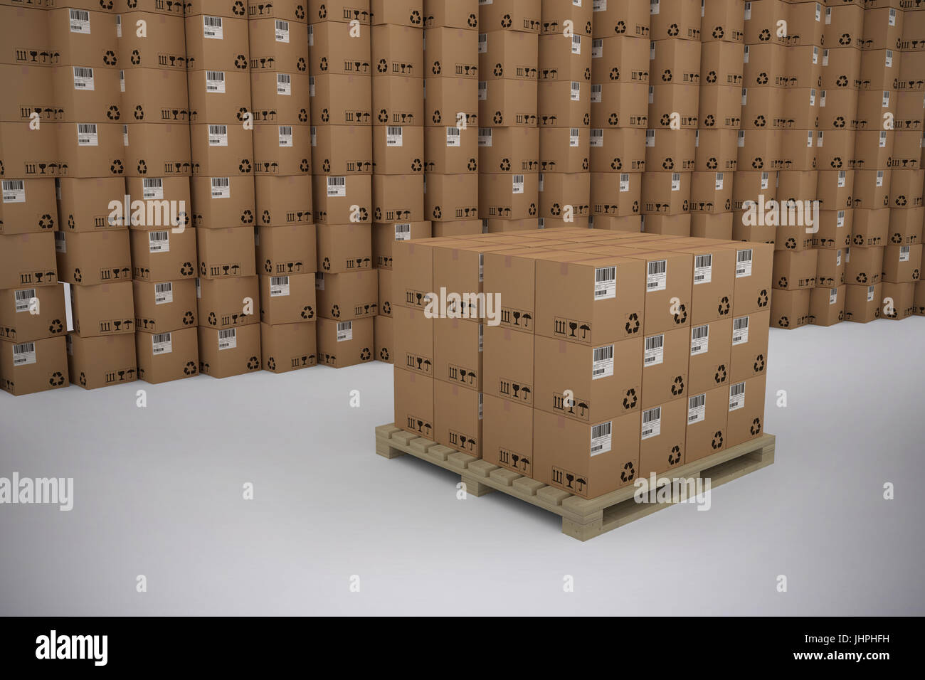 Stack of cardboard boxes on white background against grey background ...