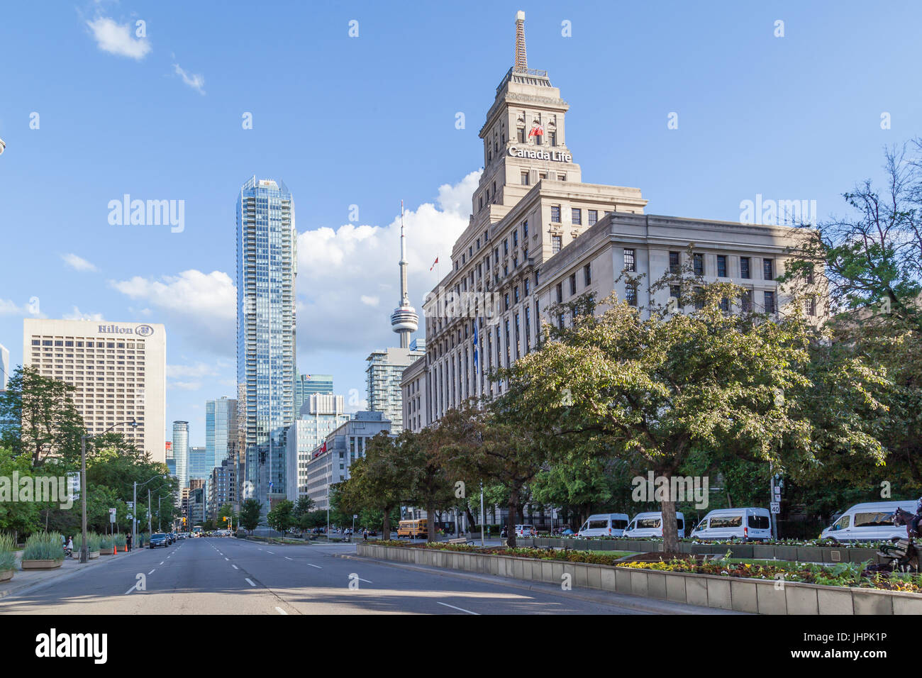 Upper part of Canada Life Building with CN tower in background Stock ...