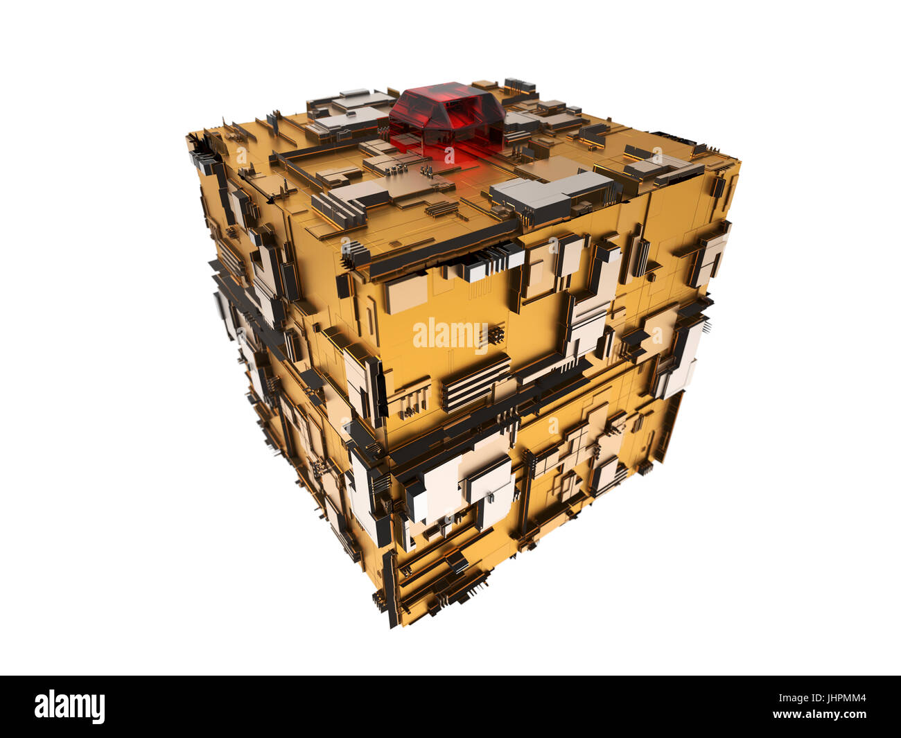 3d illustration of techno cube with gold and steel materials. isolated ...