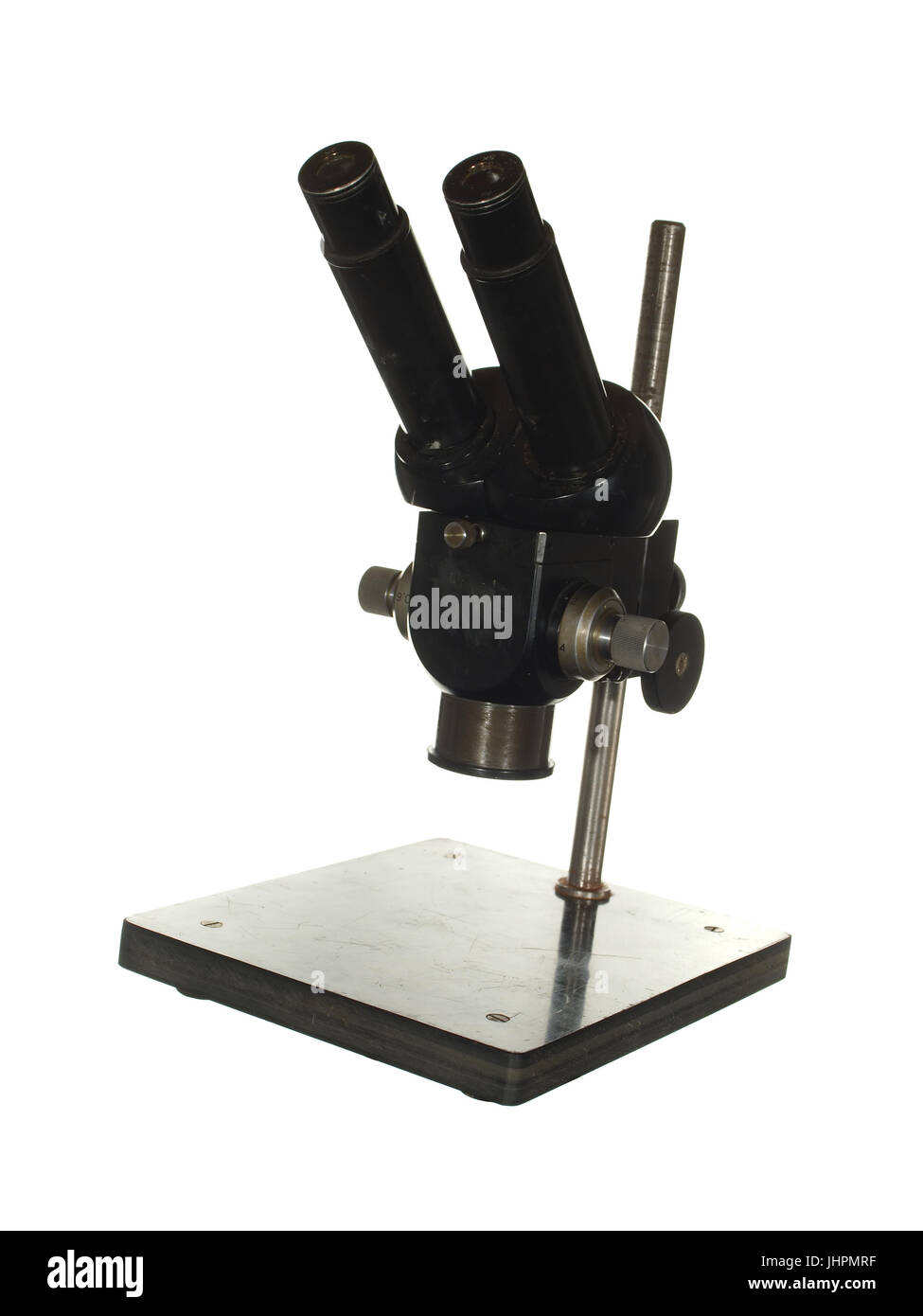 Ancient black microscope for scientific research isolated on white ...