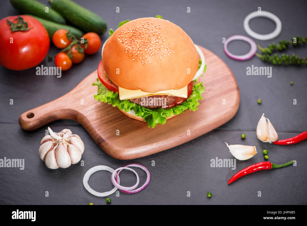 Homemade burger on table. Top view, copy space, horizontal Stock Photo ...