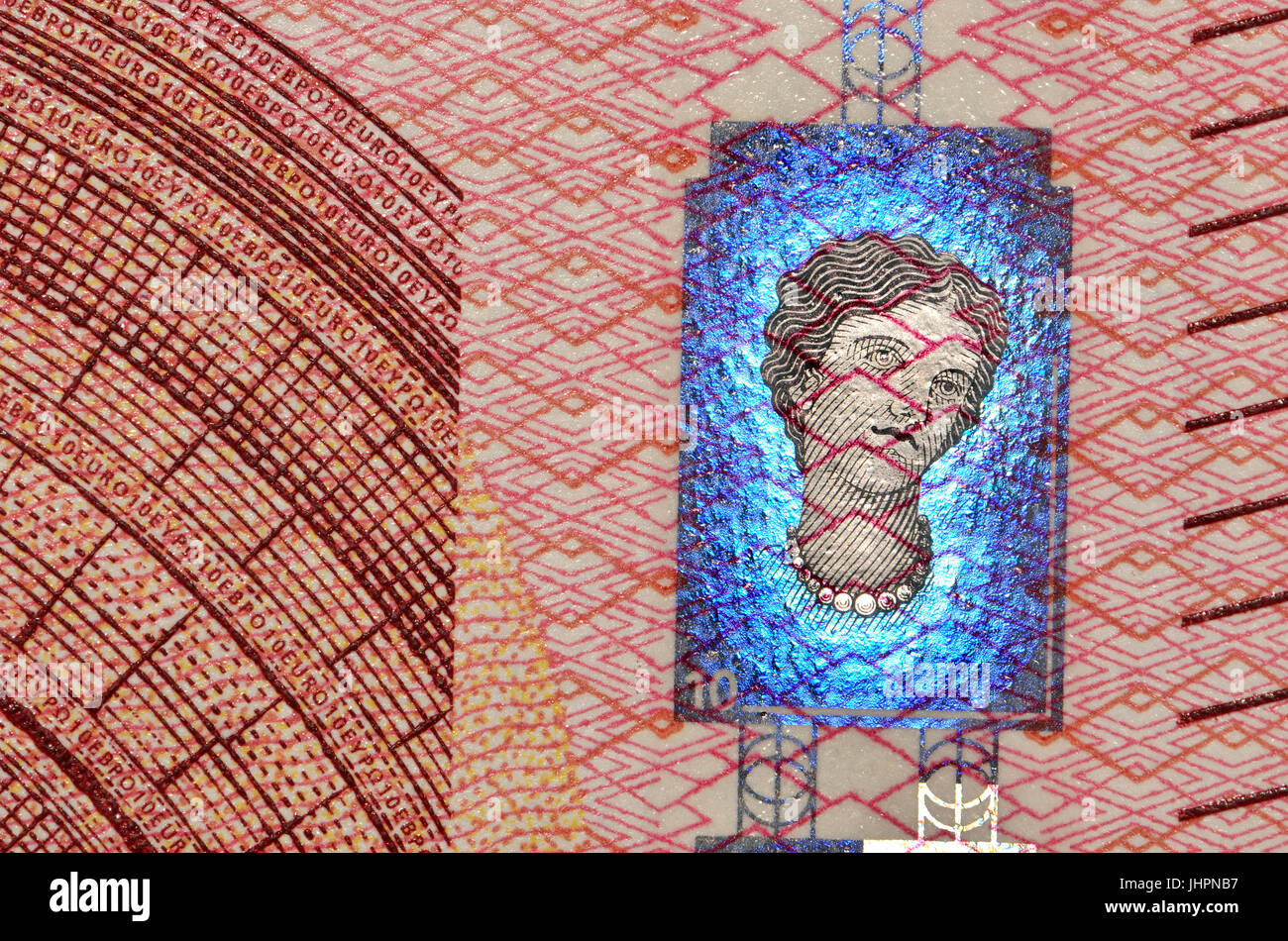 €10 banknote detail showing anti-forgery security features - new ...