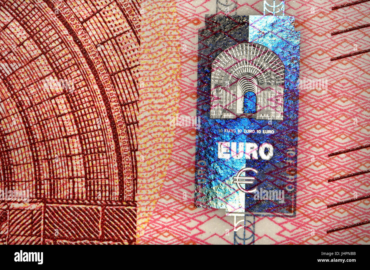 €10 banknote detail showing anti-forgery security features - new ...