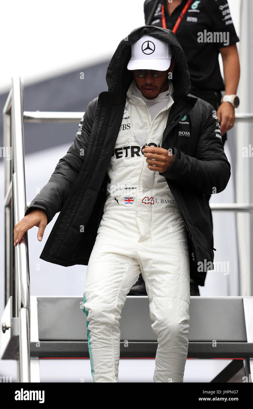 Mercedes' Lewis Hamilton arrives for third practice of the 2017 British ...