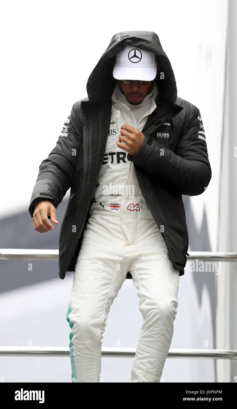 Mercedes' Lewis Hamilton arrives for third practice of the 2017 British ...