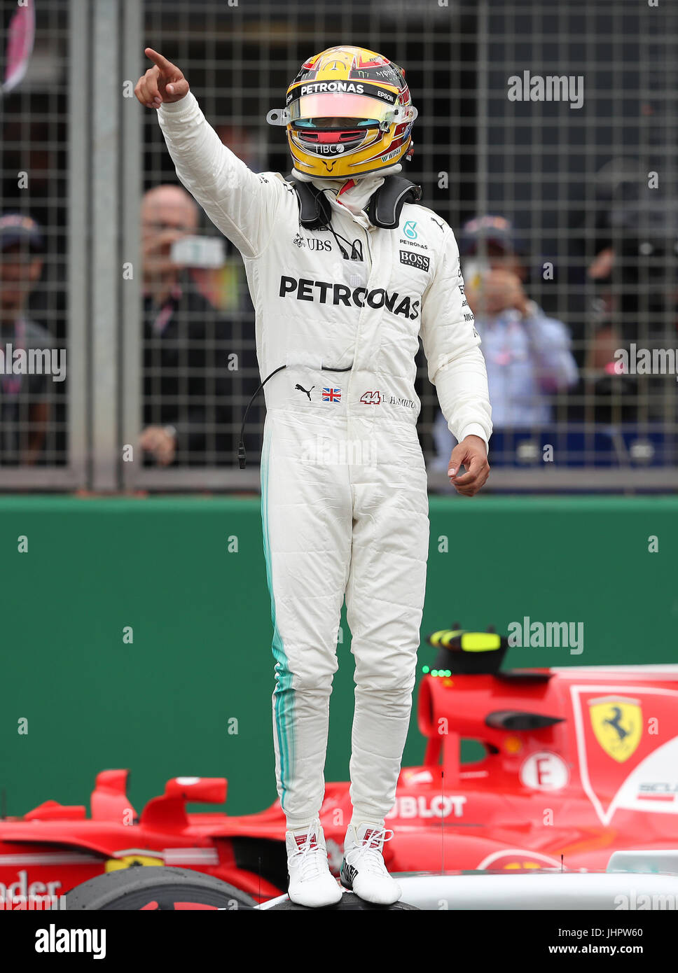 Mercedes Lewis Hamilton celebrates his pole position during qualifying ...