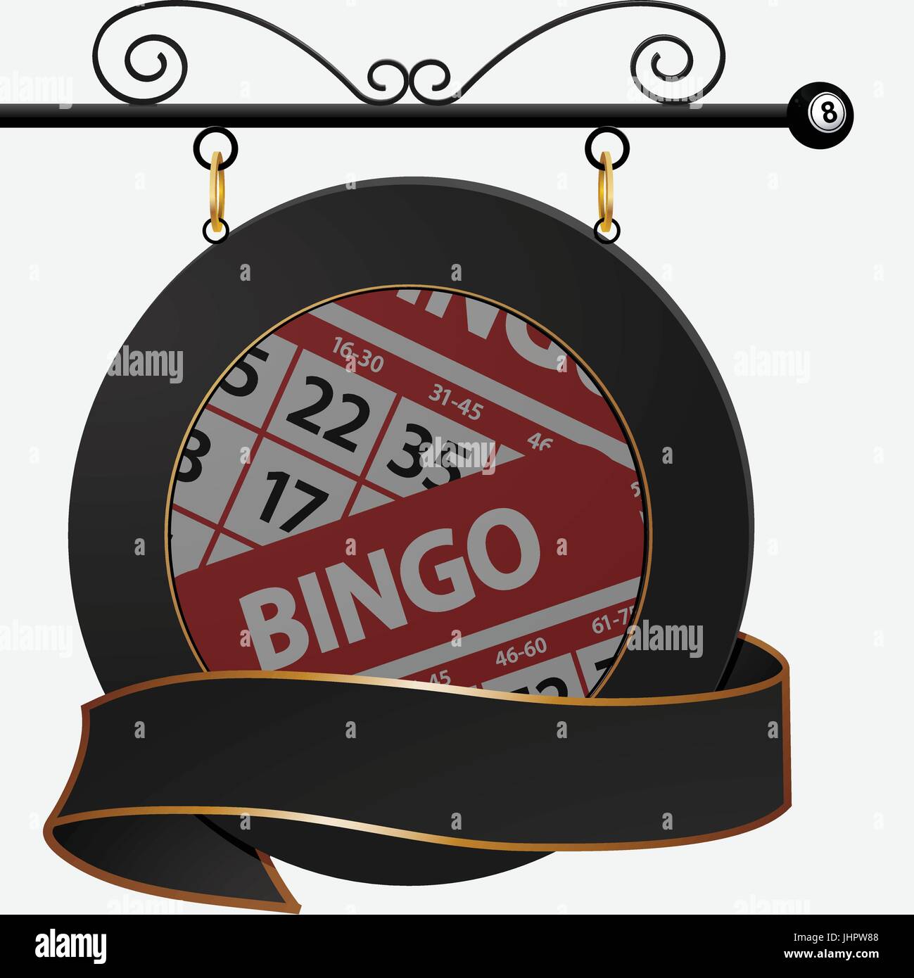 Circular Black Sign with Banner and Bingo Cards Hanging from Metal Bar ...