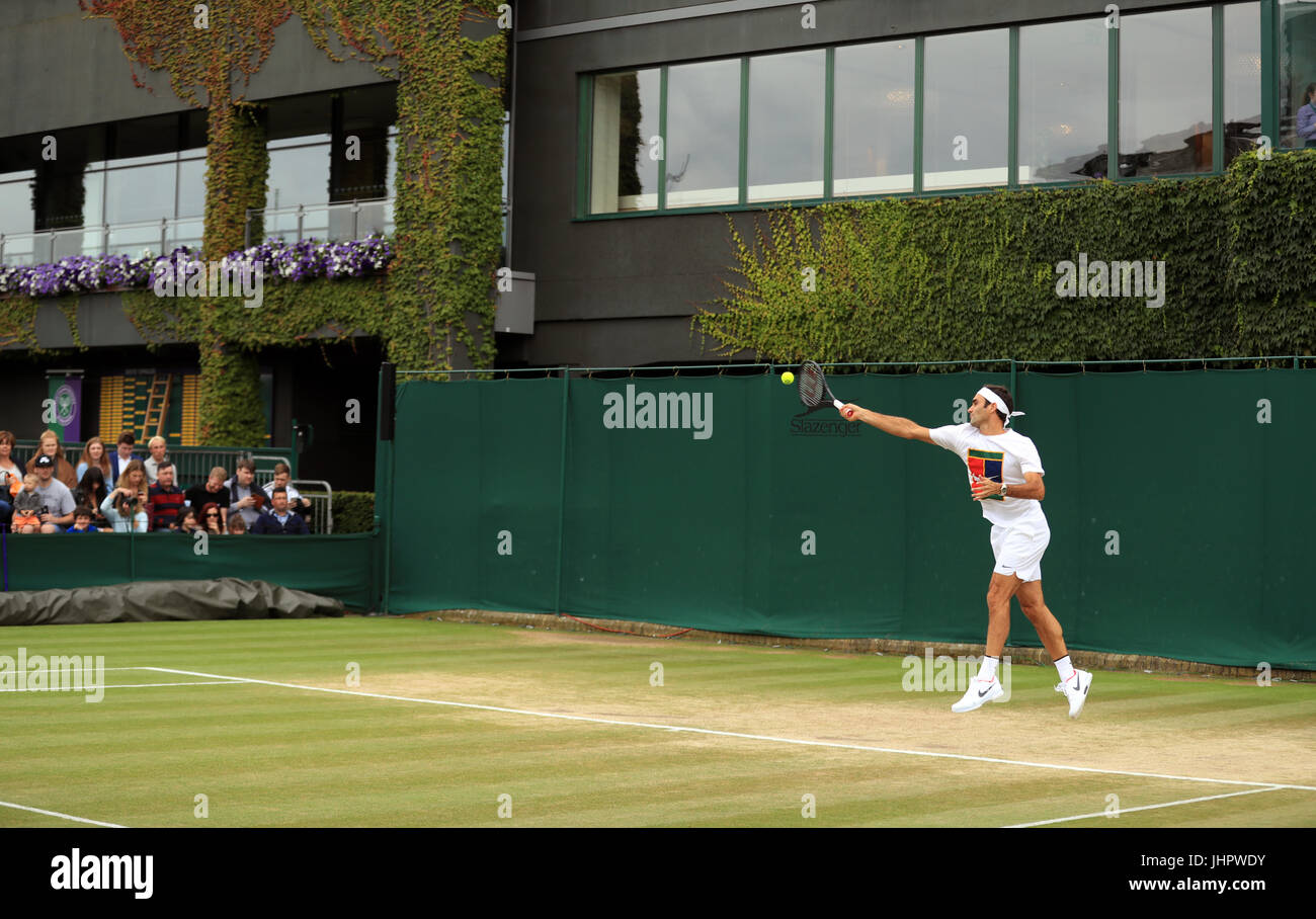 Roger Federer during a training session on day twelve of the Wimbledon ...