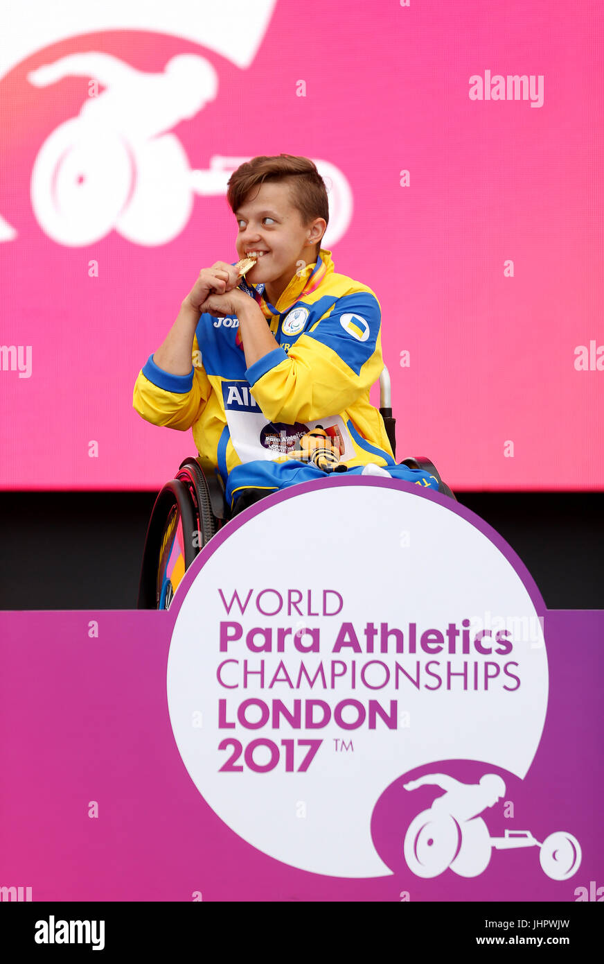 Ukraine's Zoia Ovsii with her gold medal on the podium after the Women ...