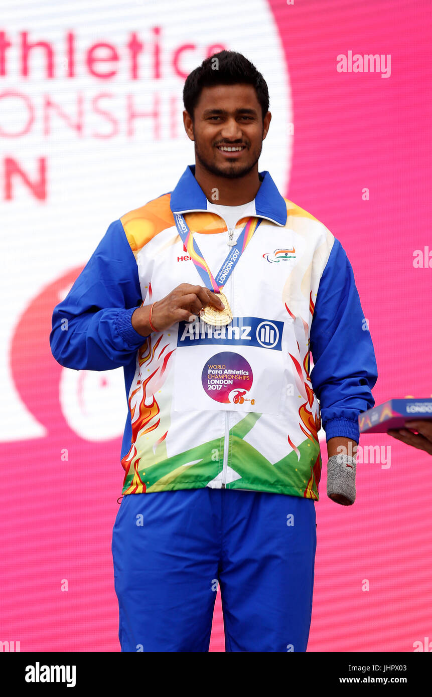 India's Sundar Singh Gurjar with his gold medal after the Men's Javelin ...