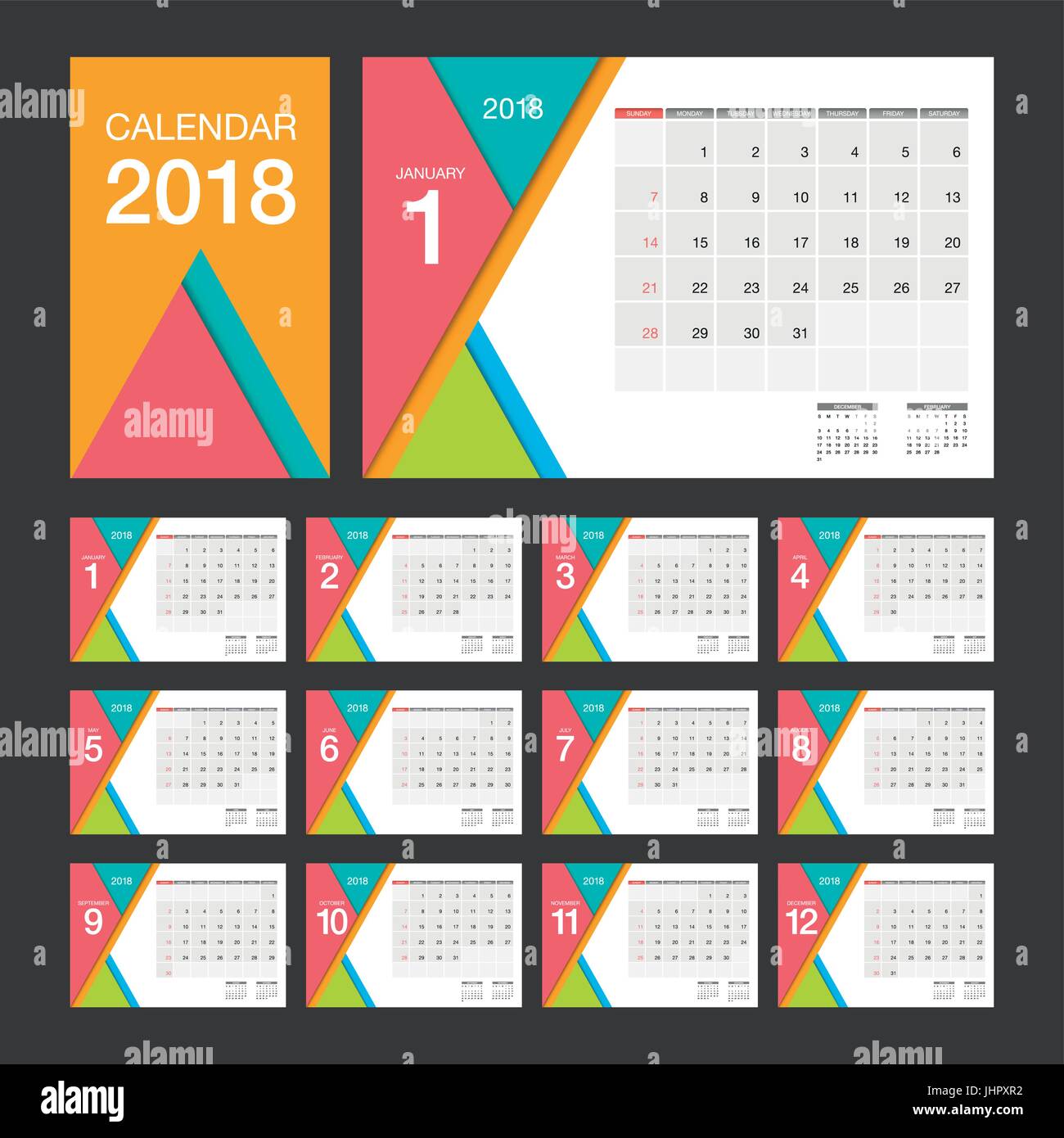2018 Calendar. Desk Calendar modern design template. Week starts Sunday ...