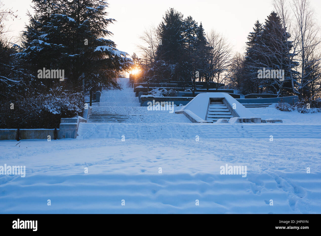 Alley in snowy morning Stock Photo - Alamy