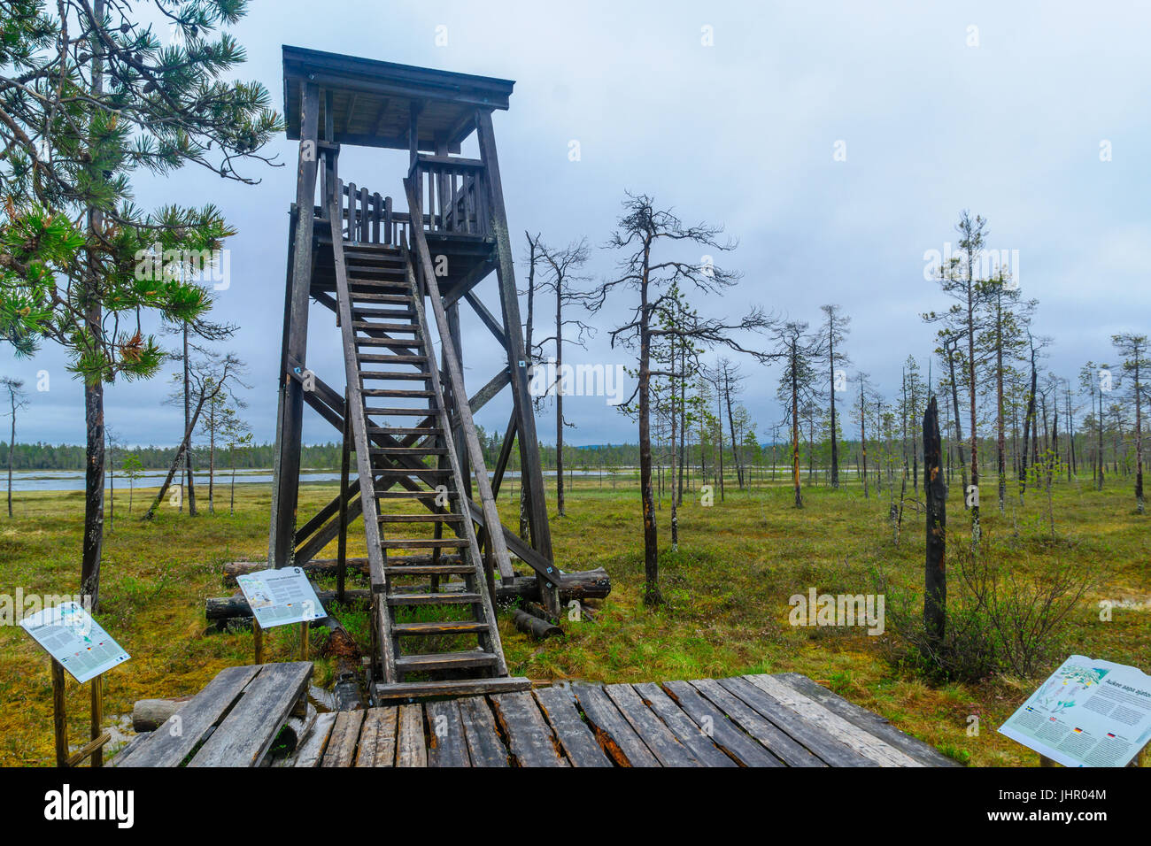 PYHA, FINLAND - JUNE 22, 2017: Information signs and a bird watching ...