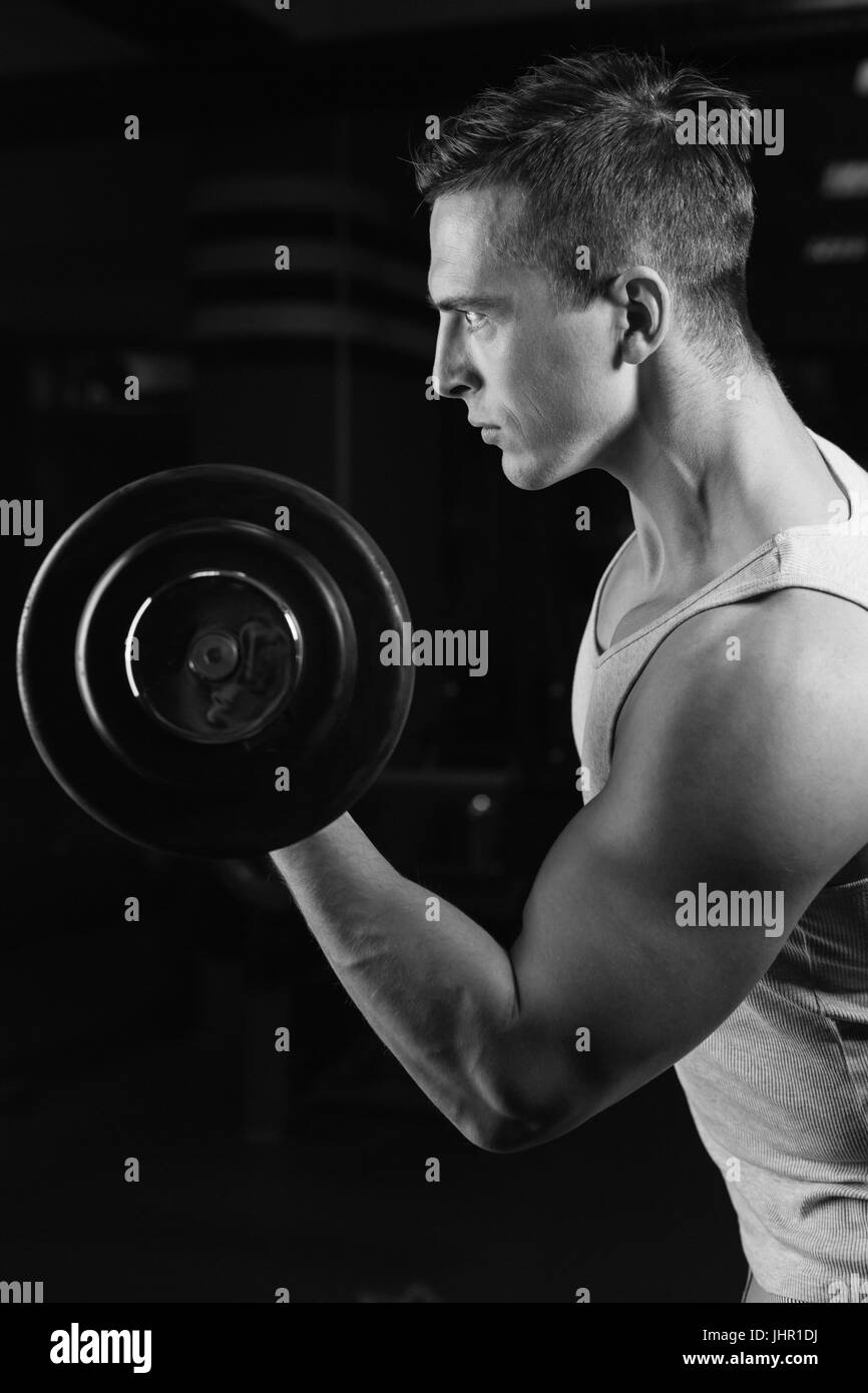 Bodybuilder Working Out Biceps - Dumbbell Concentration Curls Stock ...