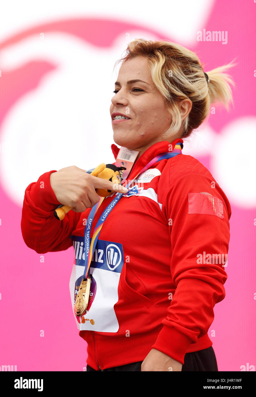 Tunisia's Raoua Tlili with her gold medal after the Women's Discus ...