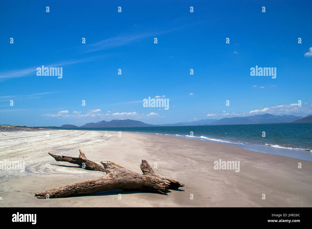 Beach scene from Punta Chame in Panama on the Pacific Ocean with blue ...