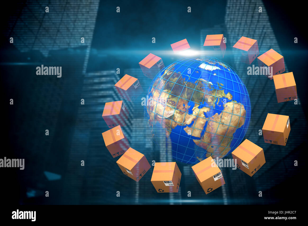 World map amidst brown cardboard boxes against shiny cityscape on black ...