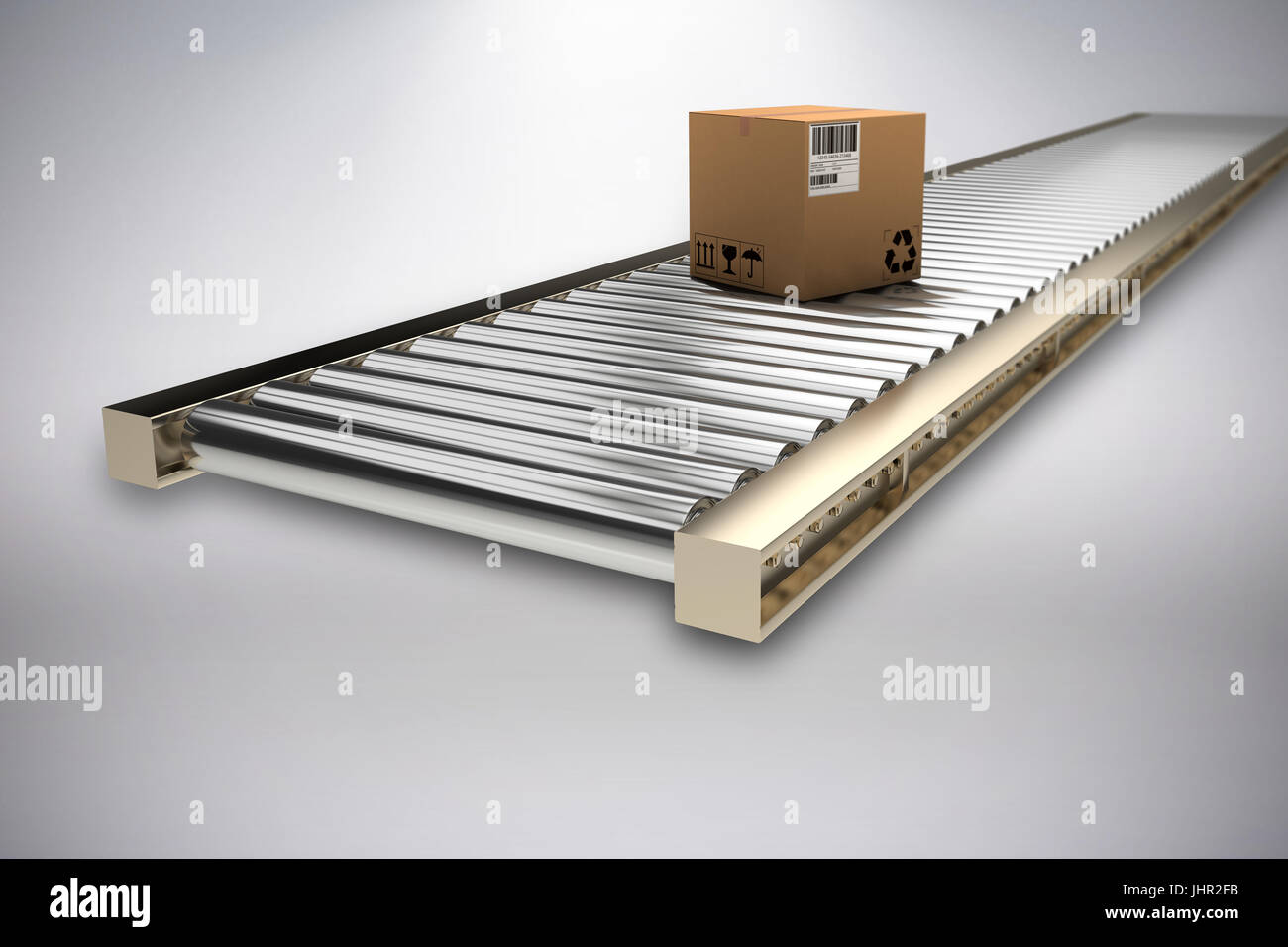 Packed cardboard box on production line against grey background Stock ...