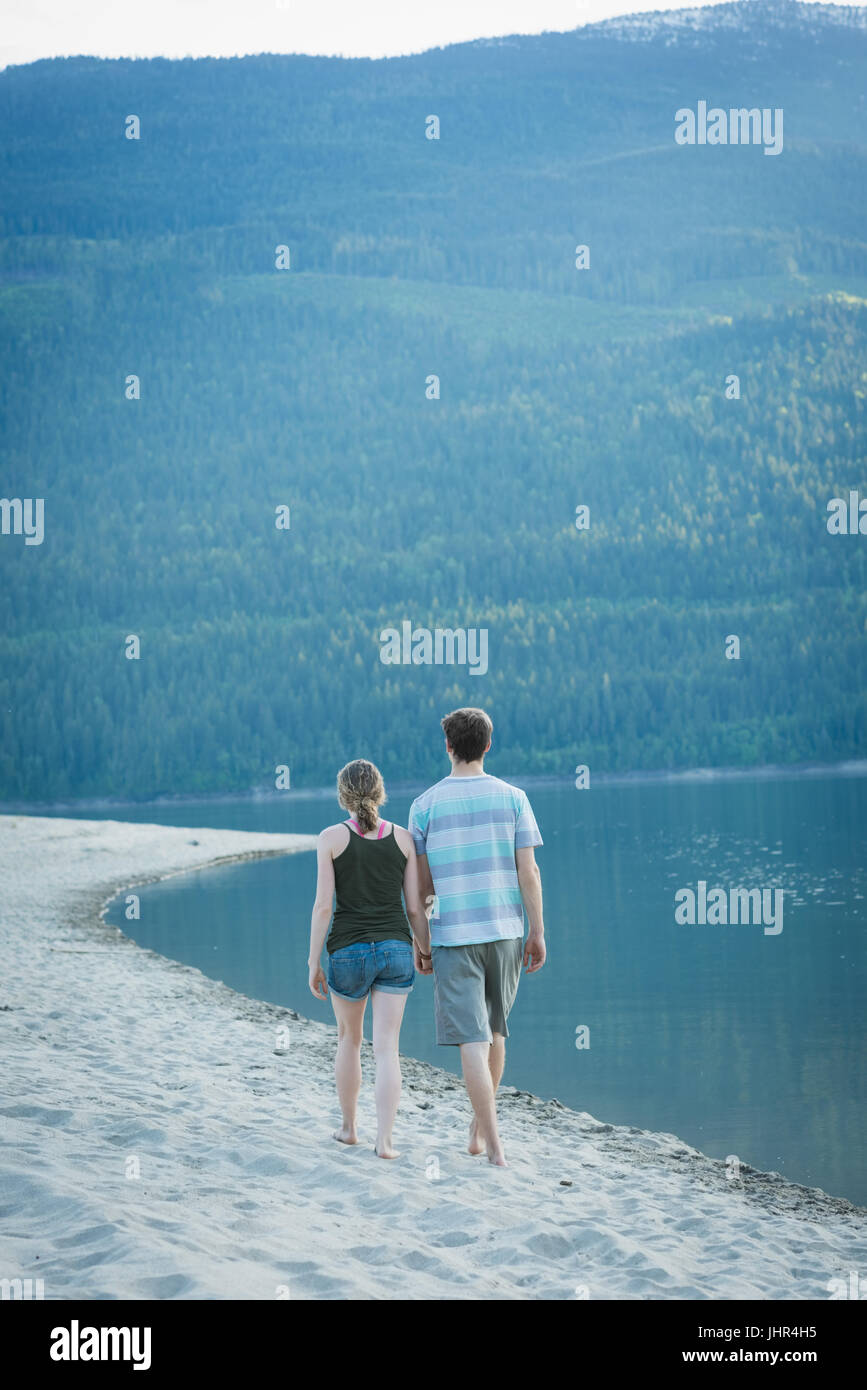 Rear view of couple holding hands and walking on countryside beach ...