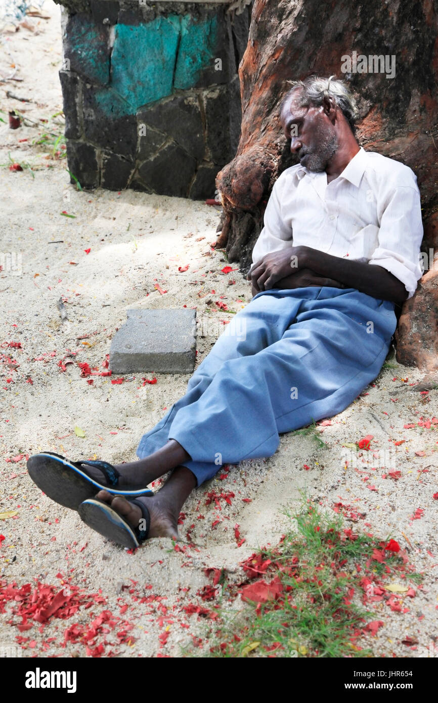 Pereber, Mauritius - January 23, 2012 : A homeless man sleeps on the ...