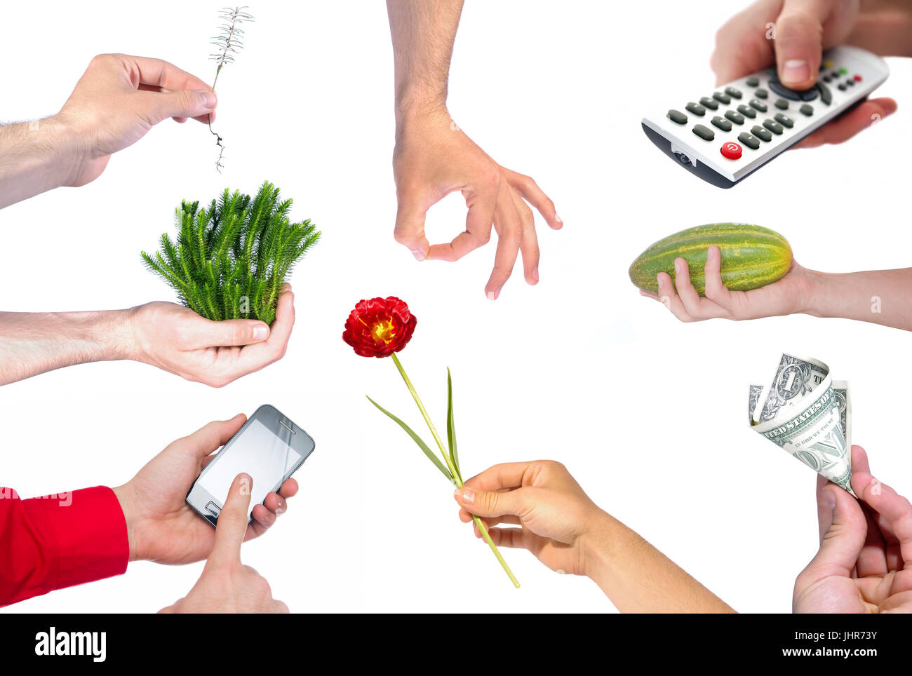 hand holding various items isolated on white background Stock Photo - Alamy