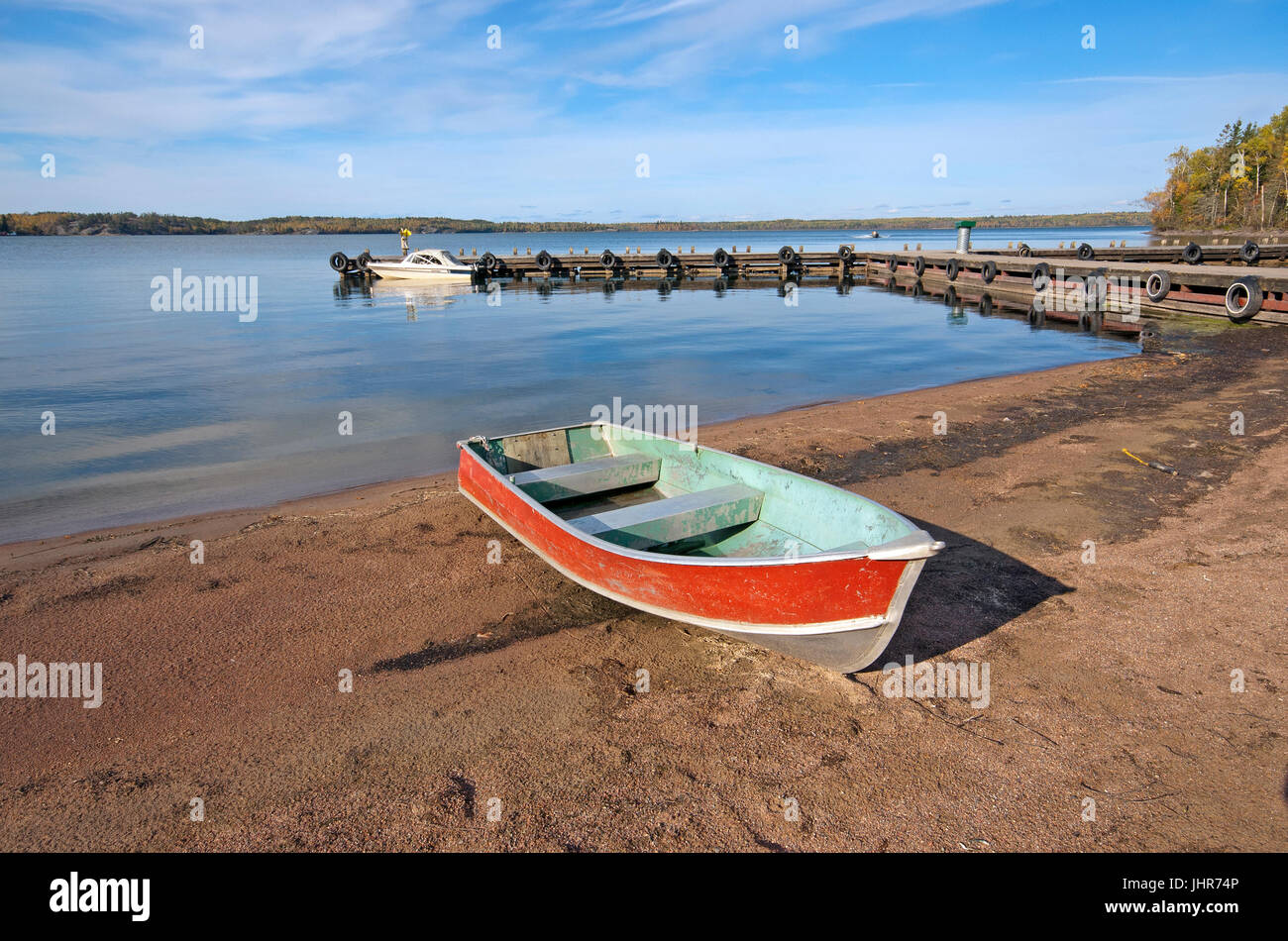 Boat on the beach at Big Whiteshell Lake, Whiteshell Provincial Park ...
