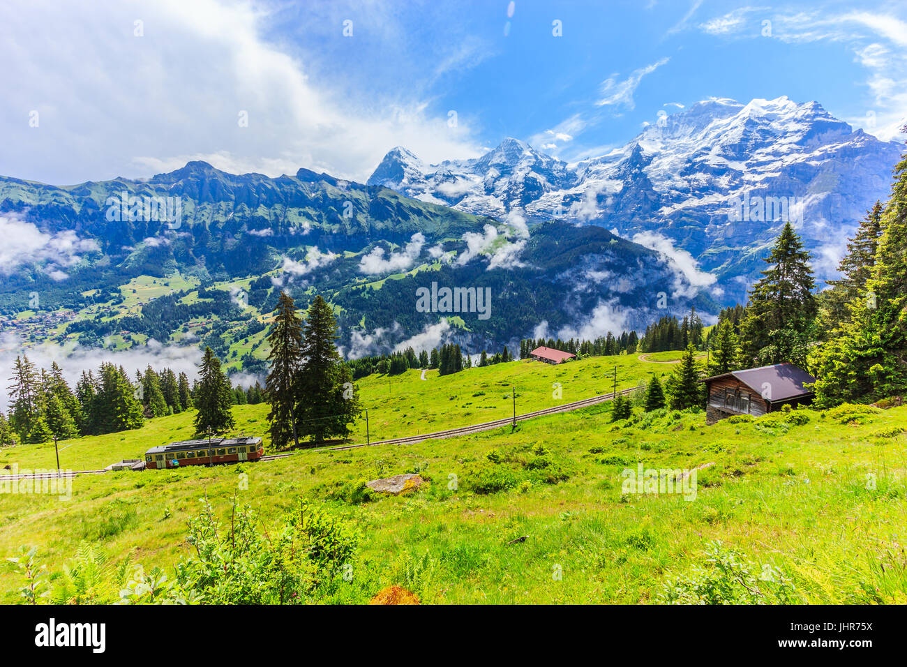 Majestic panoramic view of Eiger, Monch, Jungfrau mountains from Murren ...