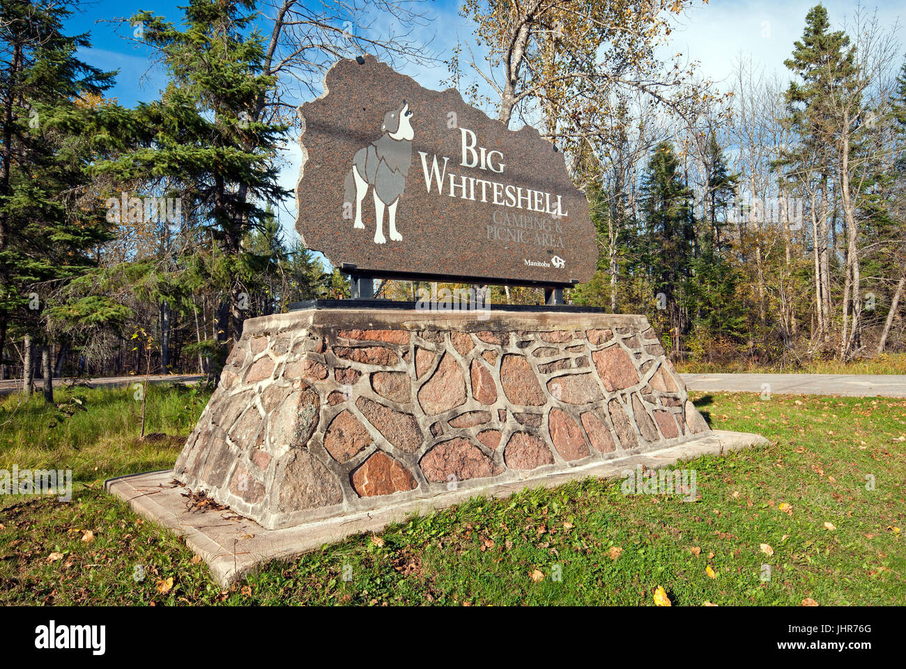 Stone sign of Big Whiteshell camping and picnic area, Whiteshell ...