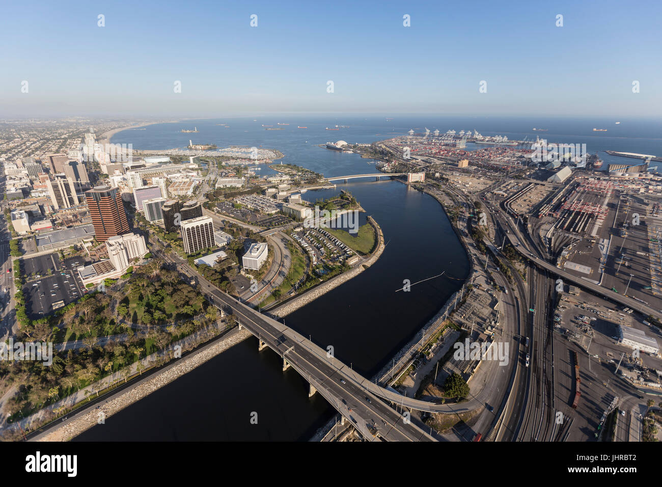 Aerial view of streets, buildings, port facilities and the end of the ...