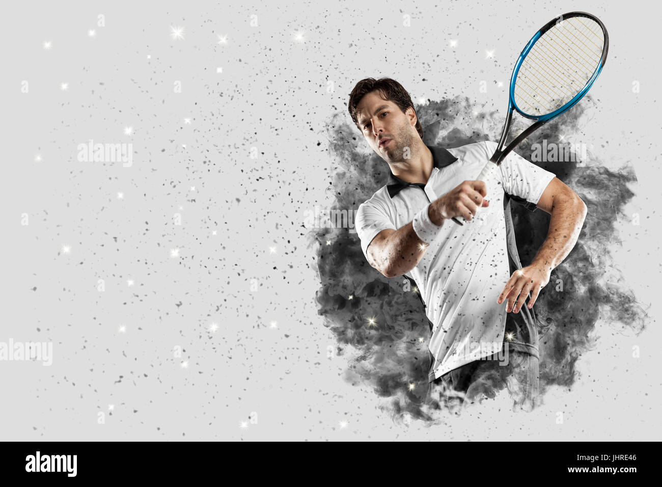 Tennis Player with a white uniform coming out of a blast of smoke Stock ...
