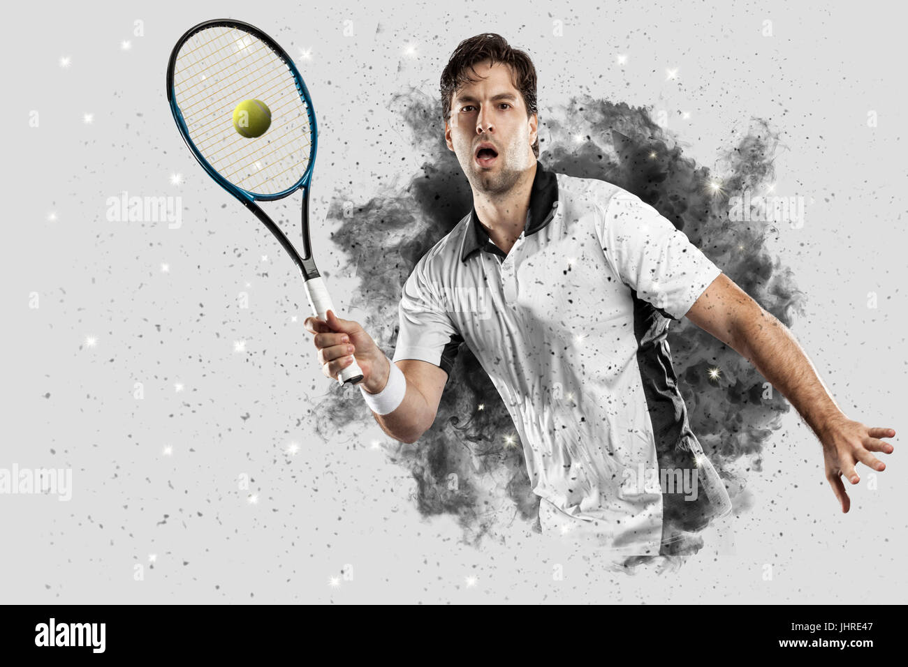 Tennis Player with a white uniform coming out of a blast of smoke Stock ...