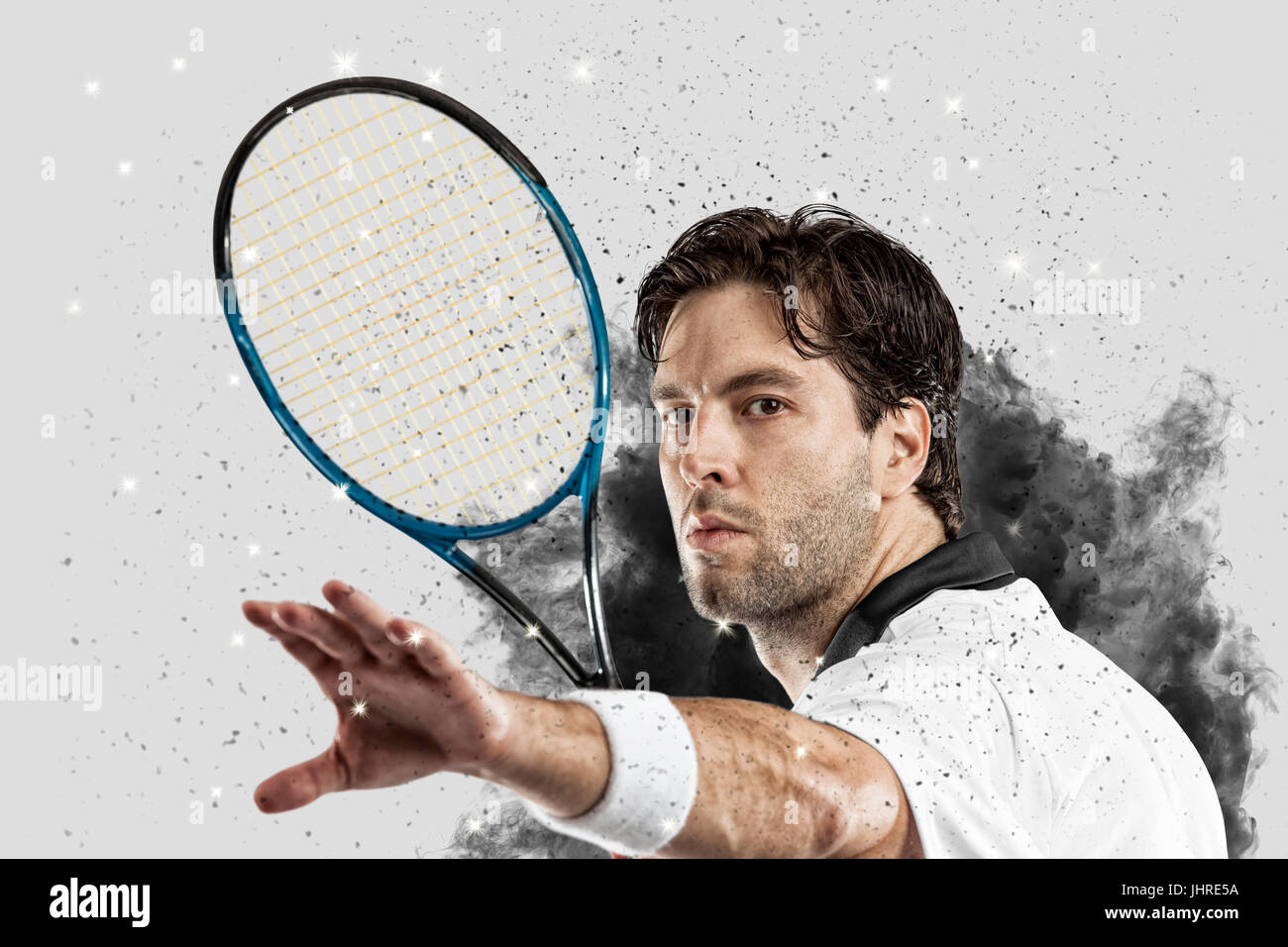Tennis Player with a white uniform coming out of a blast of smoke Stock ...