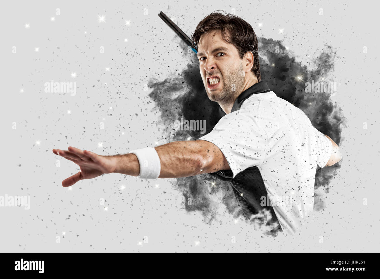 Tennis Player with a white uniform coming out of a blast of smoke Stock ...