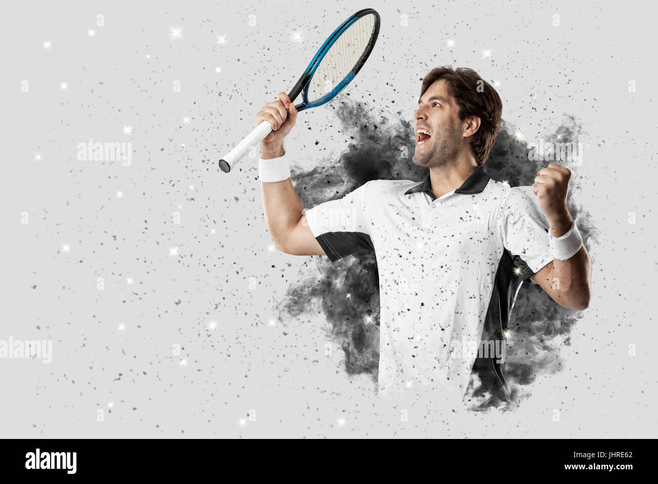 Tennis Player with a white uniform coming out of a blast of smoke Stock ...