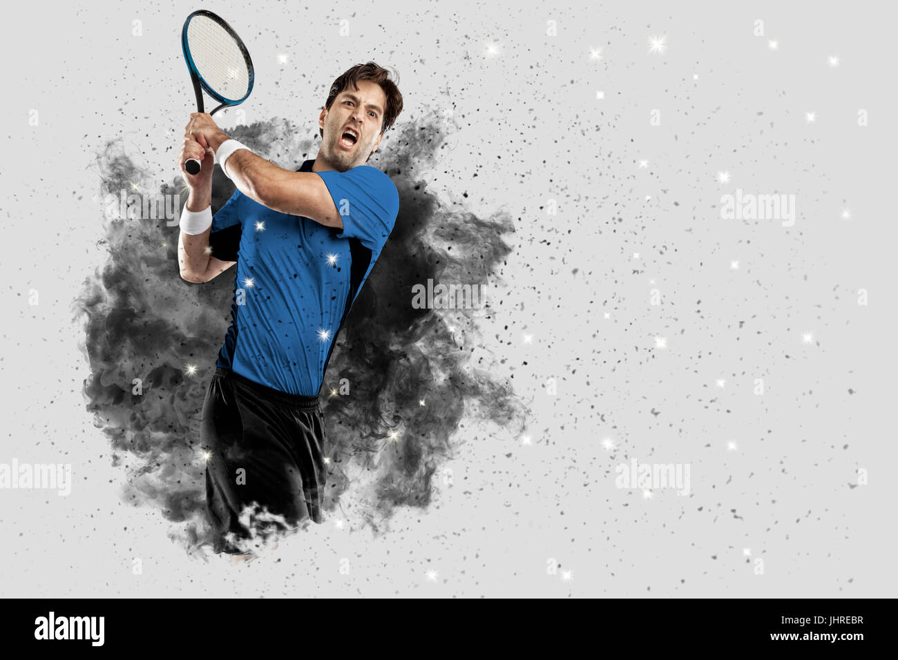 Tennis Player with a blue uniform coming out of a blast of smoke Stock ...