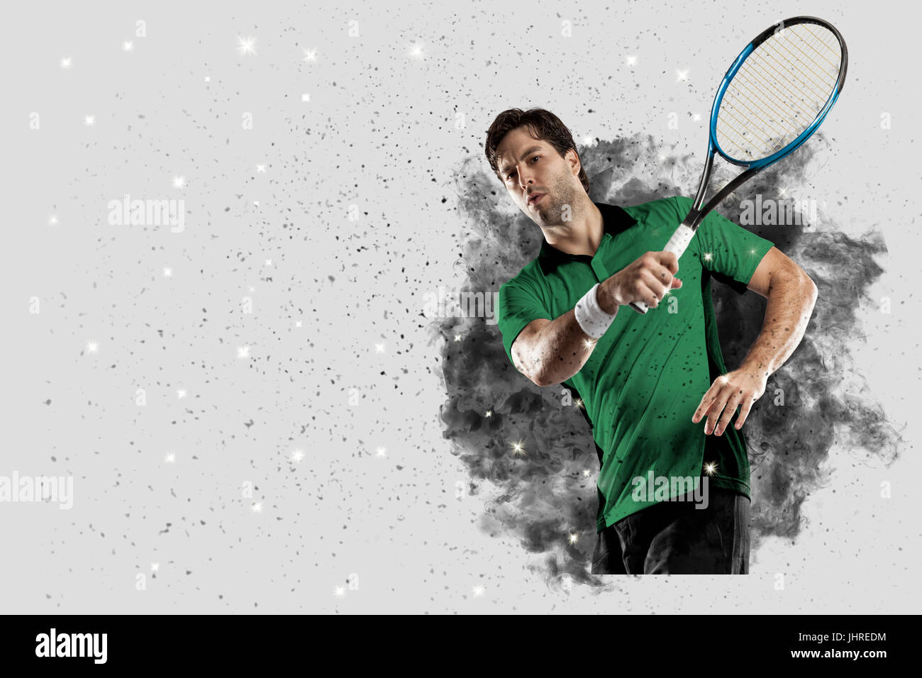 Tennis Player with a green uniform coming out of a blast of smoke Stock ...