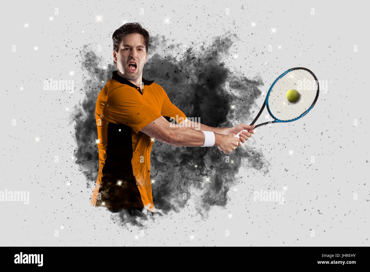 Tennis Player with a orange uniform coming out of a blast of smoke ...