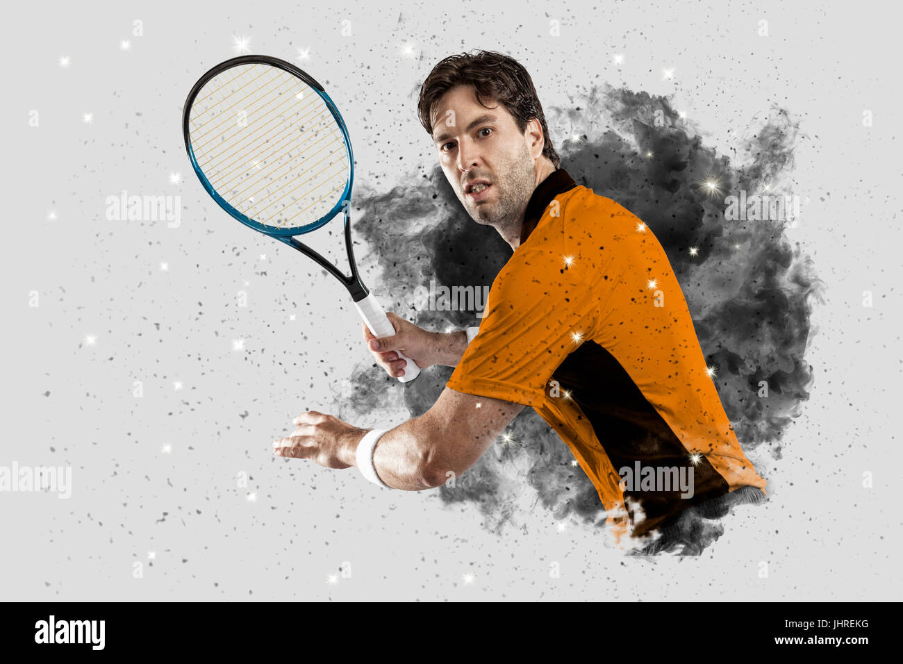 Tennis Player with a orange uniform coming out of a blast of smoke ...