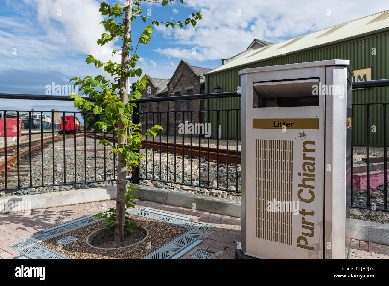 New litter bins in Manx Gaelic, near Steam Railway Station. Port Erin ...