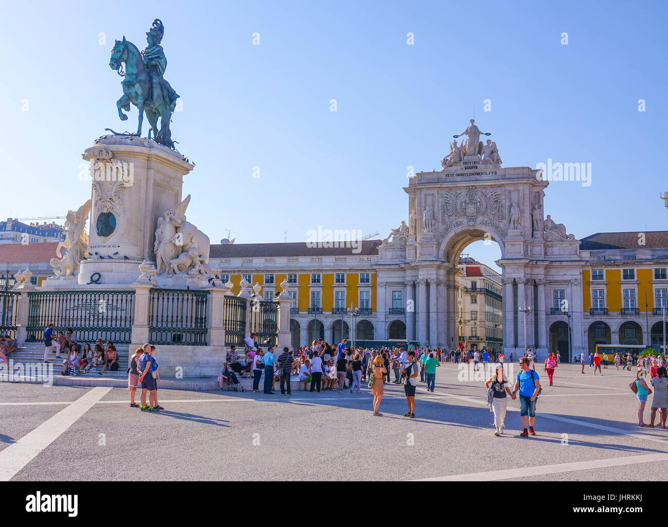 The Comercio Square in the city center of Lisbon with its statue ...