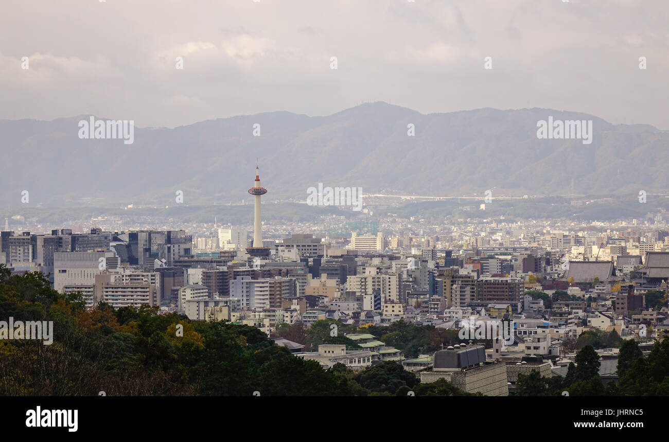 Kansai, Japan - Nov 29, 2016. Aerial view of Kyoto City at sunset in ...