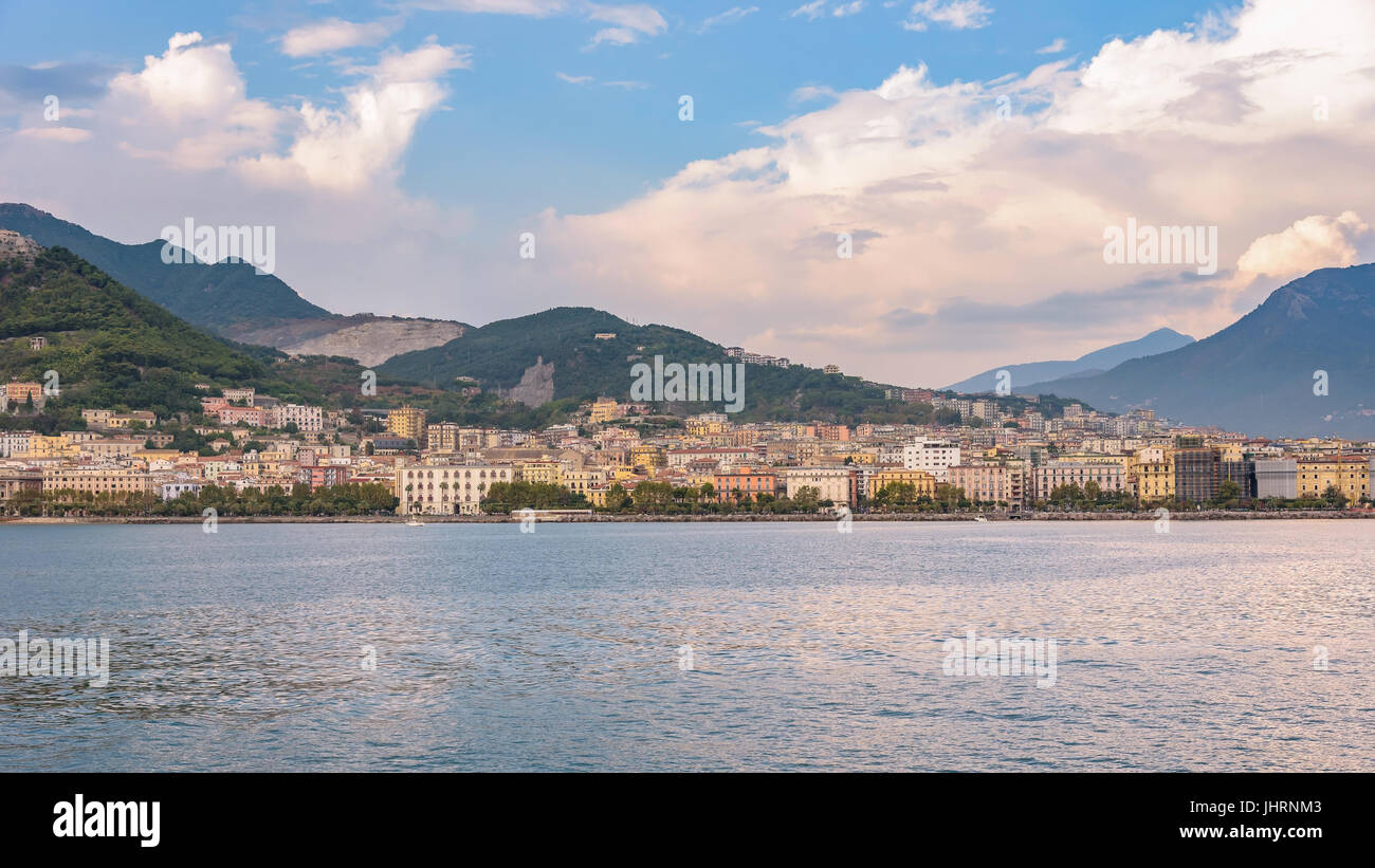 Panoramic view of Salerno city at sunset, Campania, Italy Stock Photo ...