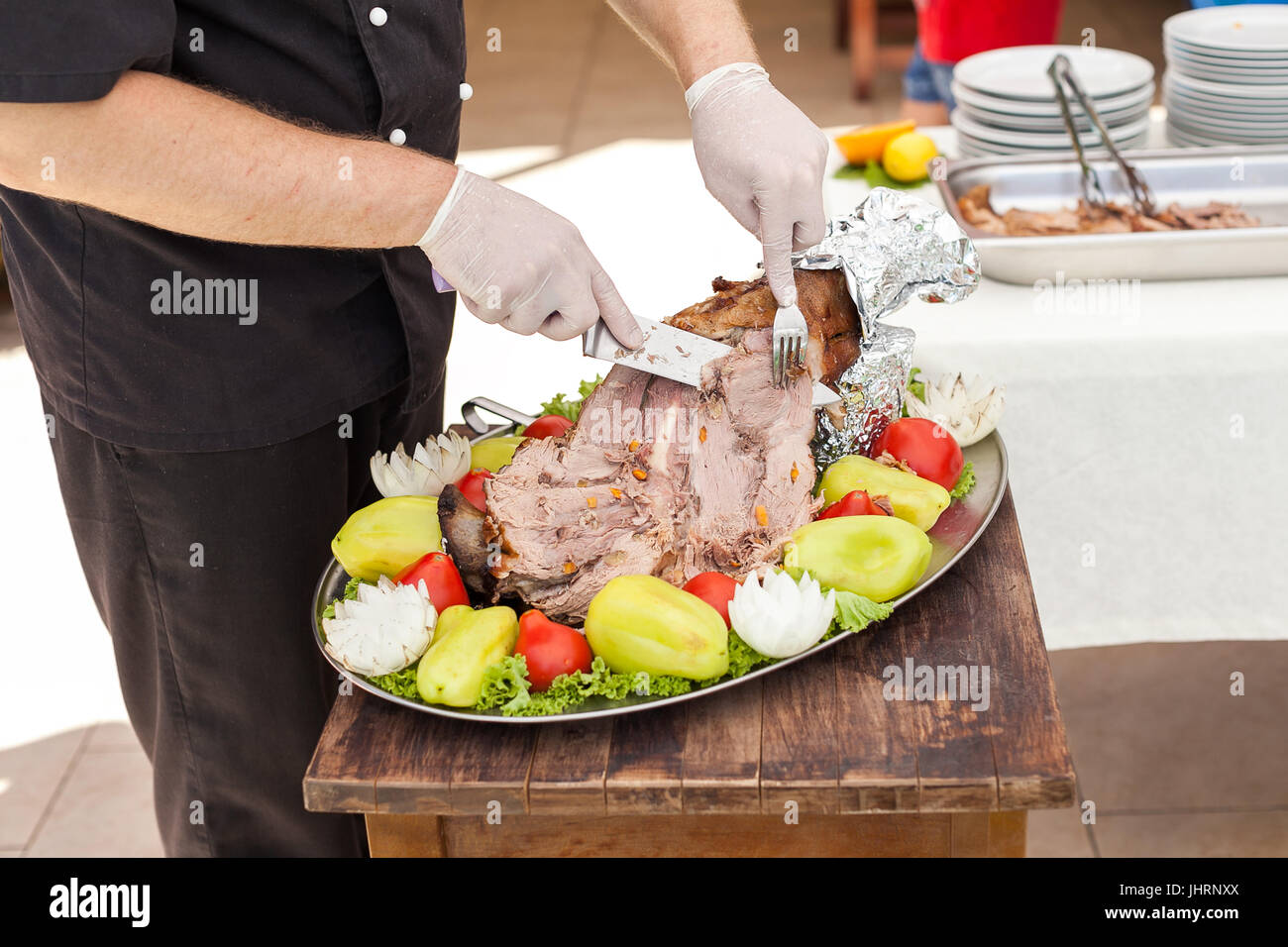food, cooking, recipes and serving concept - beautifully decorated oval ...