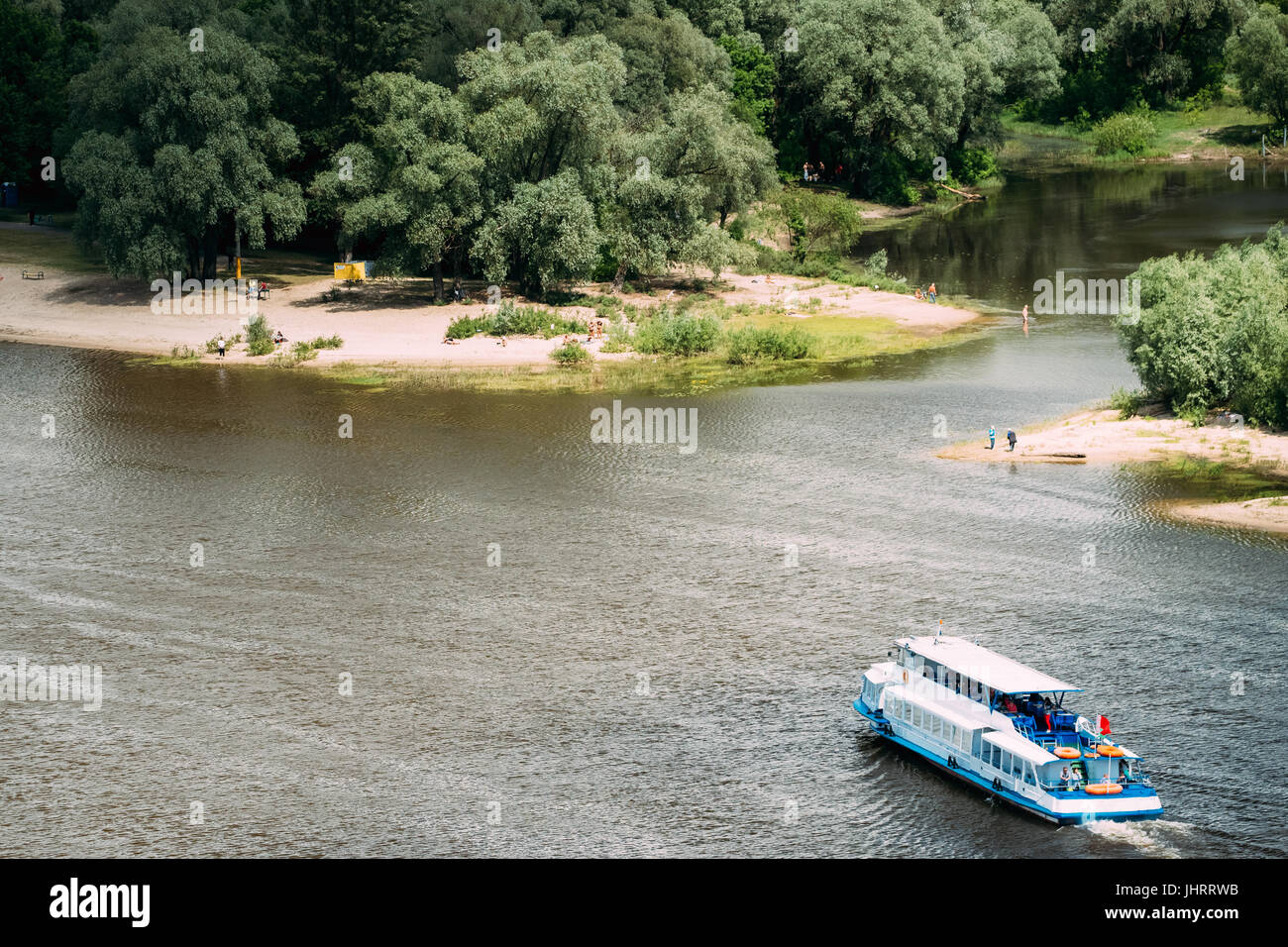 Gomel, Belarus. Top Aerial View Of Sozh River, Floating Tourist Boat ...