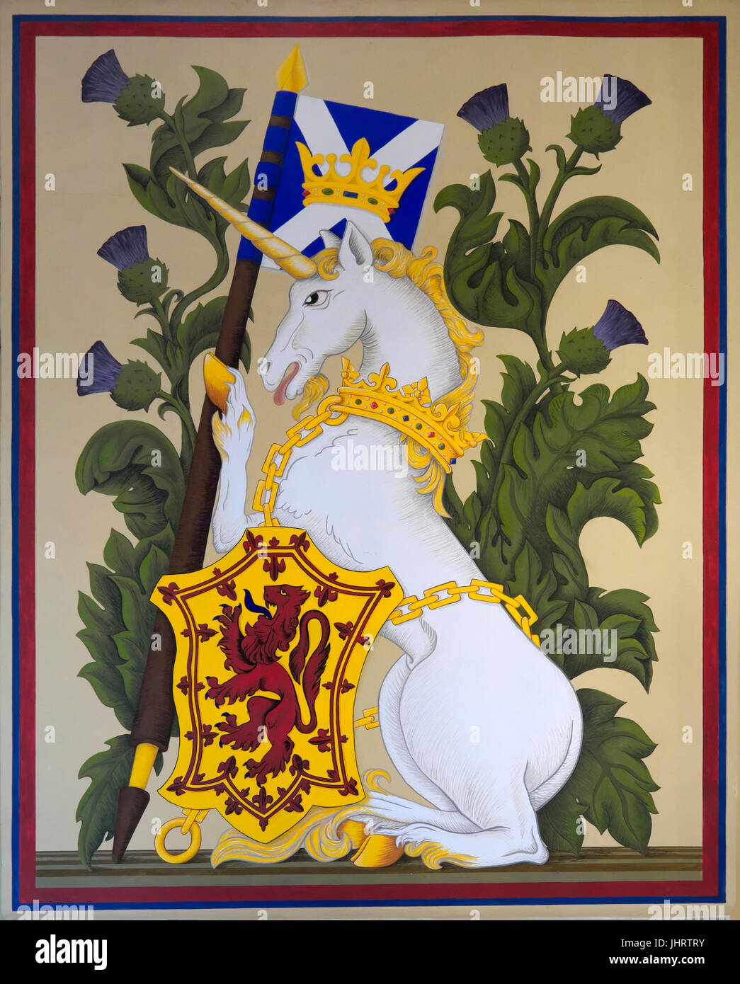 Scottish coat of arms with thistle, unicorn and St Andrew's Cross ...