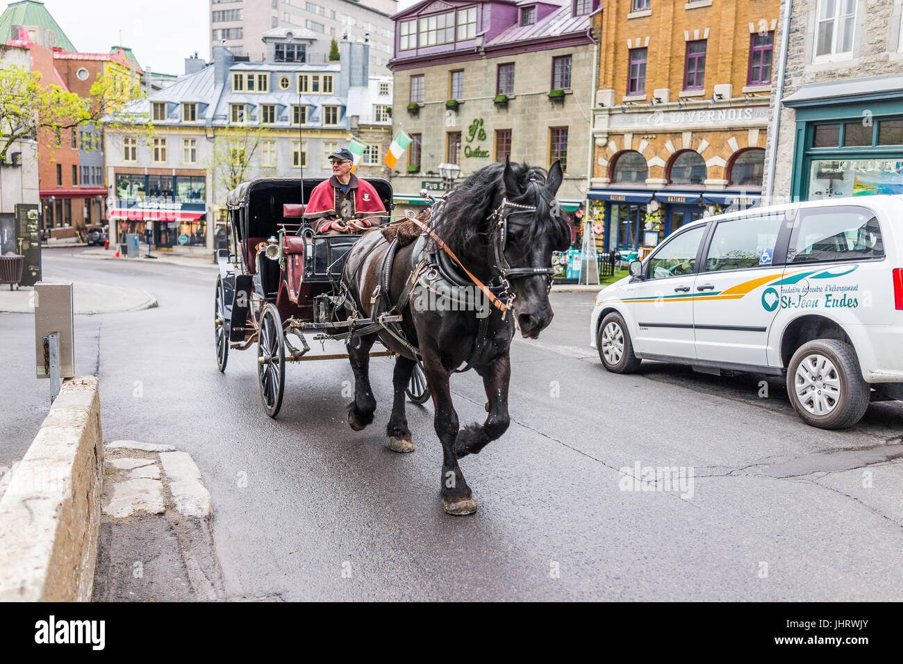 Quebec City, Canada - May 39, 2017: Closeup of horse carriage buggy ...