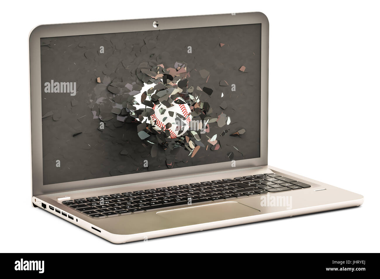 Baseball ball flying through broken monitor of laptop, 3D rendering ...