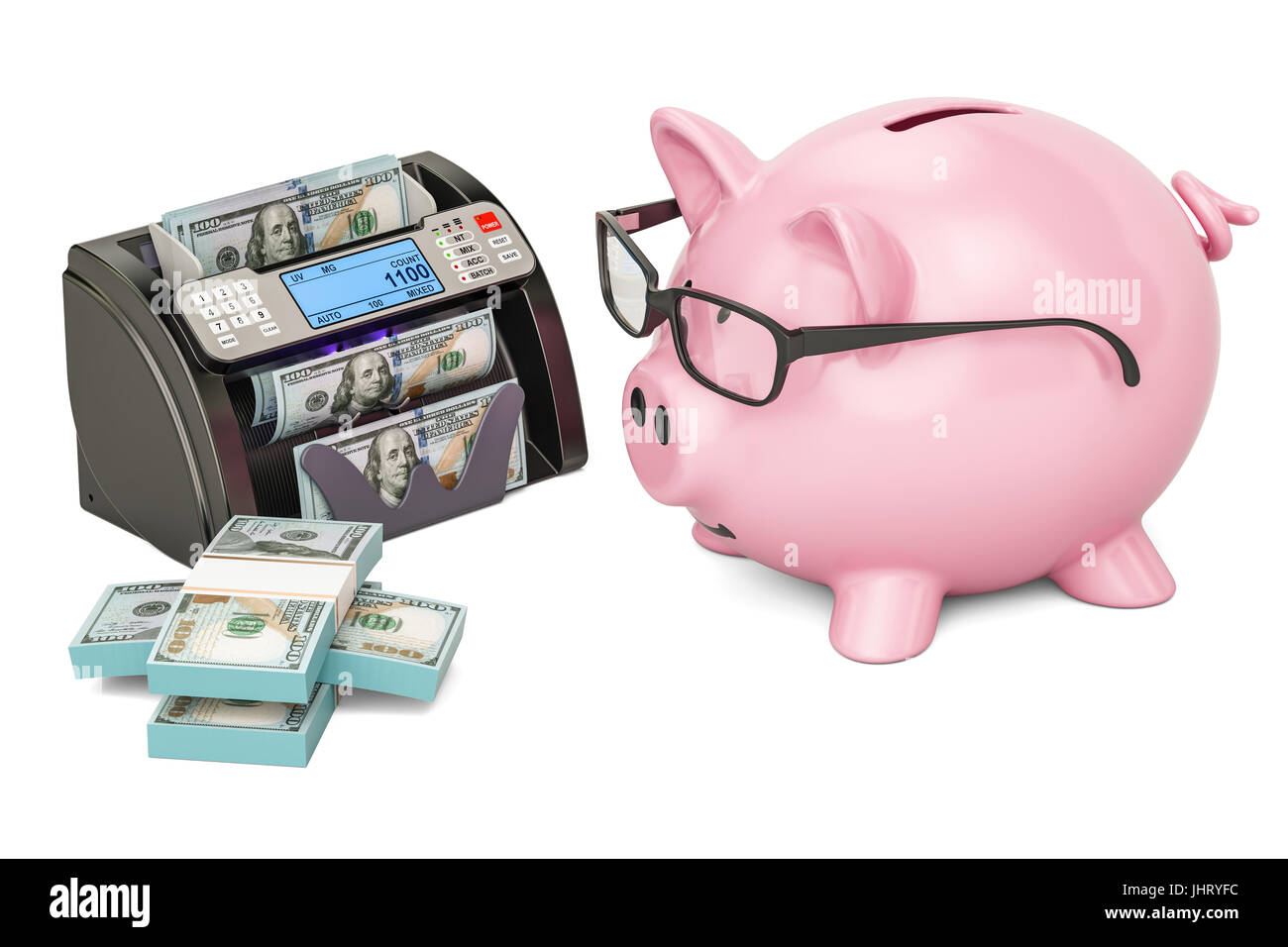 Money counting machine with dollars and piggy bank, 3D rendering Stock ...
