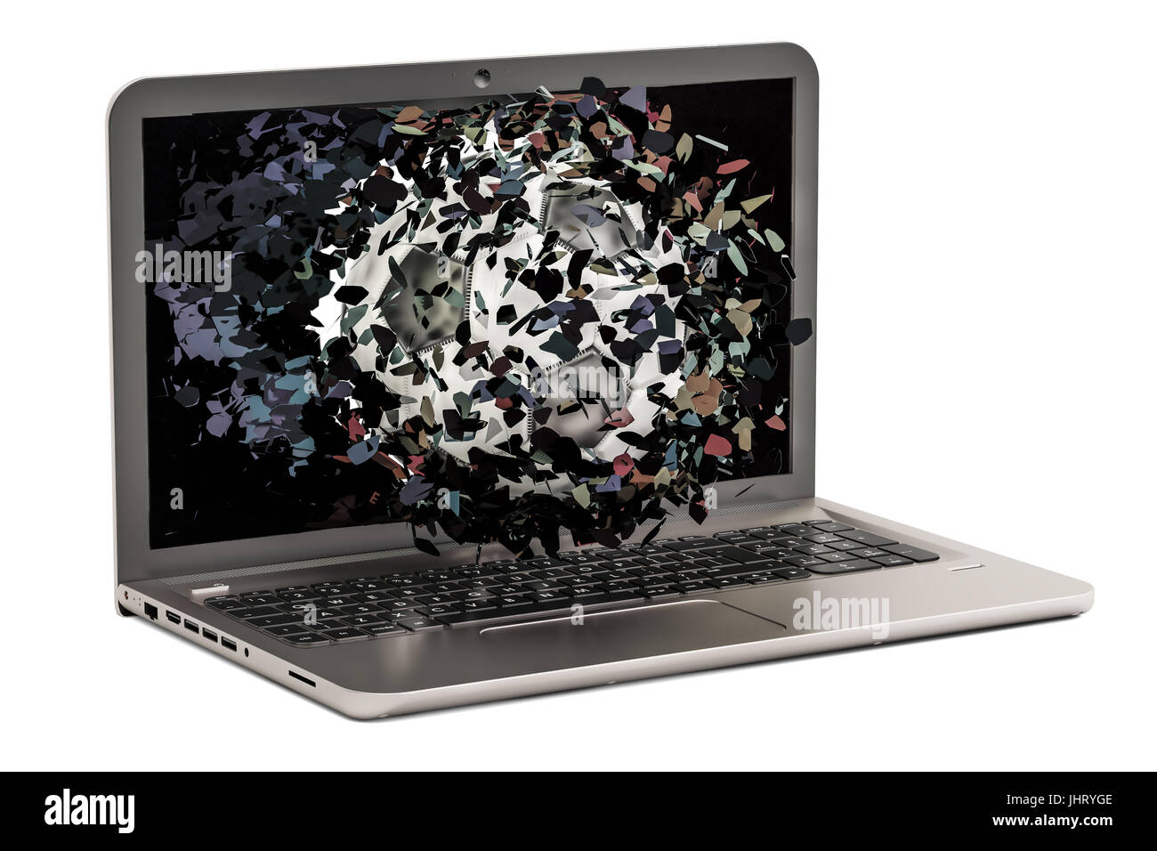 Soccer ball flying through broken monitor of laptop, 3D rendering ...